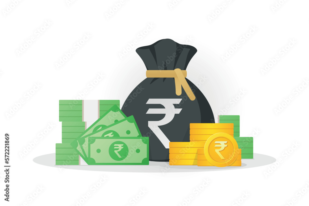 Indian money rupee icon. Money bag, banknotes and gold coins with rupee ...