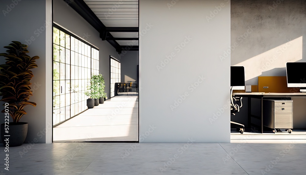 Modern spacious office aisle with co-working space and empty white wall ...