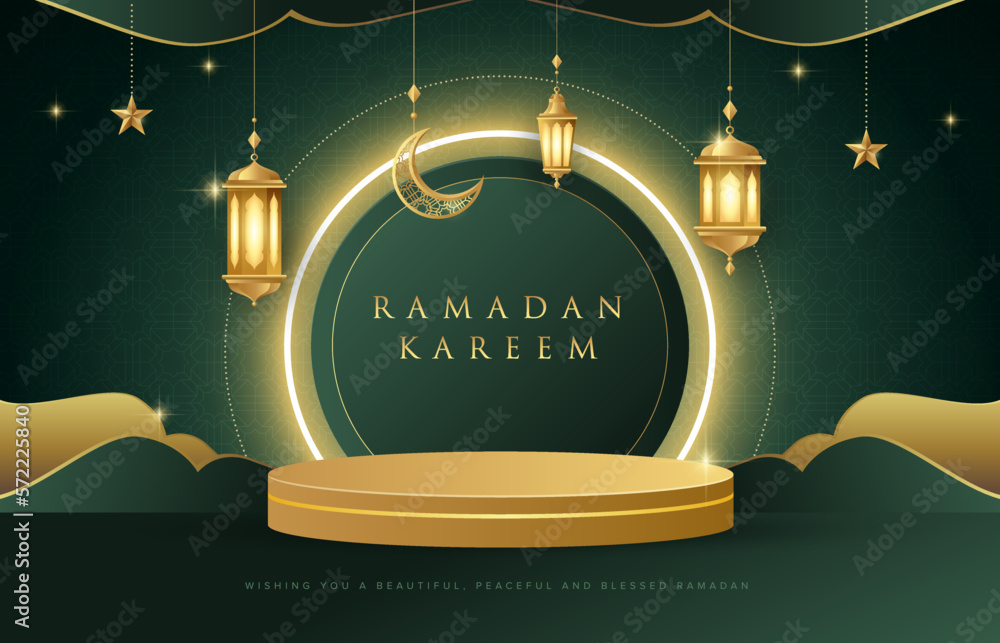 Ramadan Kareem design on green and gold islamic background with gold ...