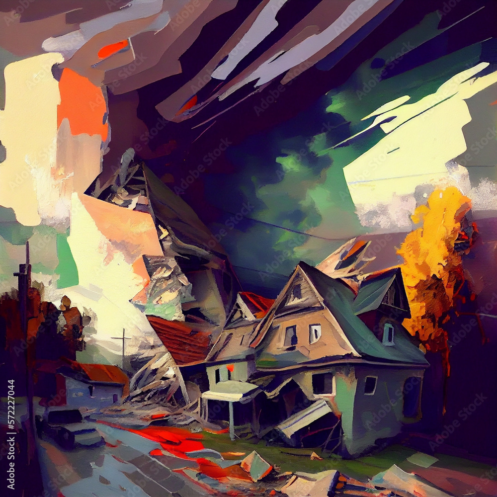 Earthquake city, destroyed houses and street. Destruction, natural ...