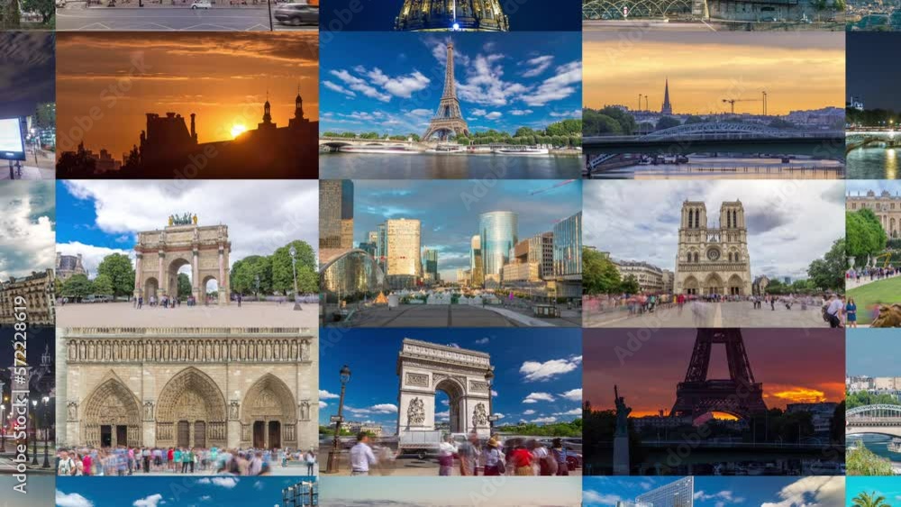 Multi Screen Collage of Paris timelapse hyperlapse, France. Collection ...