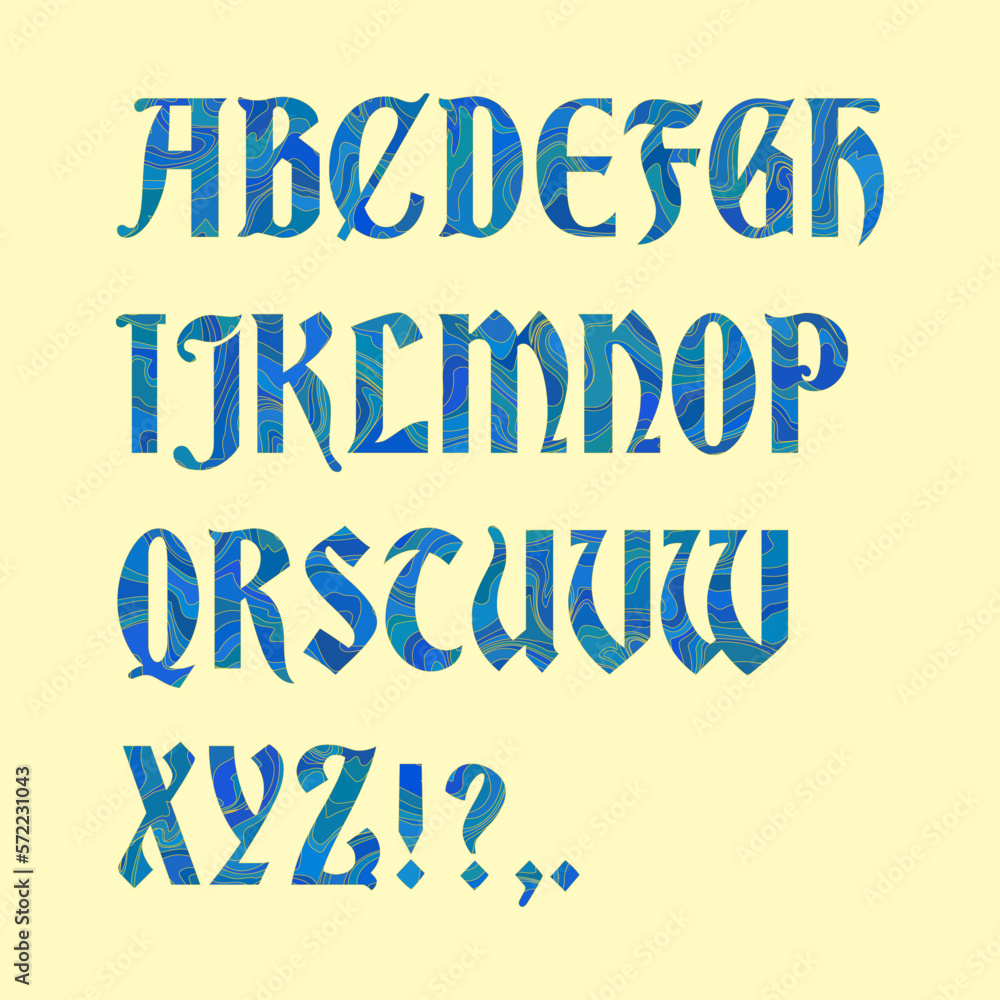 Set of uppercase letters and punctuation marks in gothic style. Signs ...
