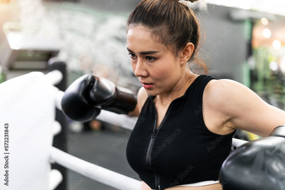 angry boxing gloves woman fall punching to ring rope. rage female sport ...
