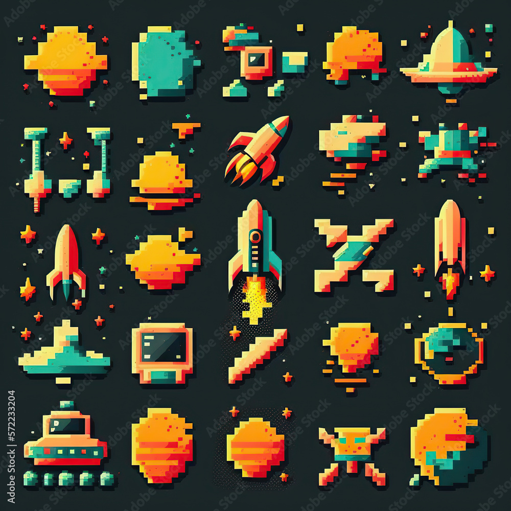 Pixel art assets space 16 bits, 8 bits, Retro, vintage Stock ...