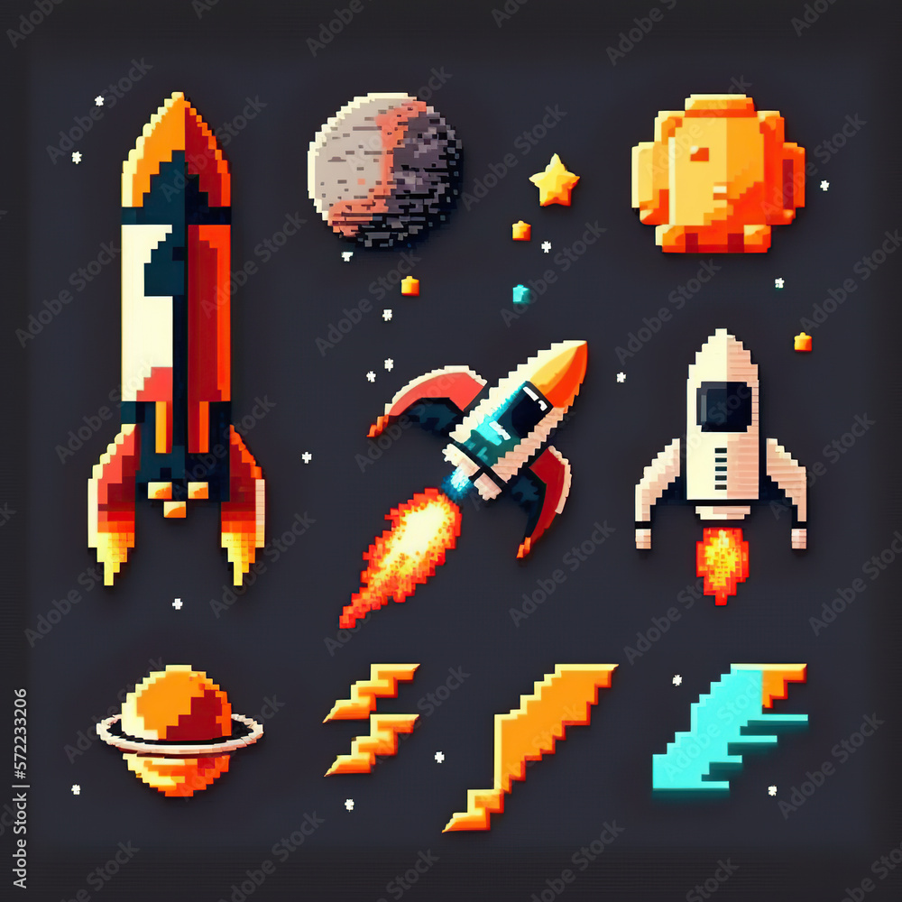Pixel art assets space 16 bits, 8 bits, Retro, vintage Stock ...
