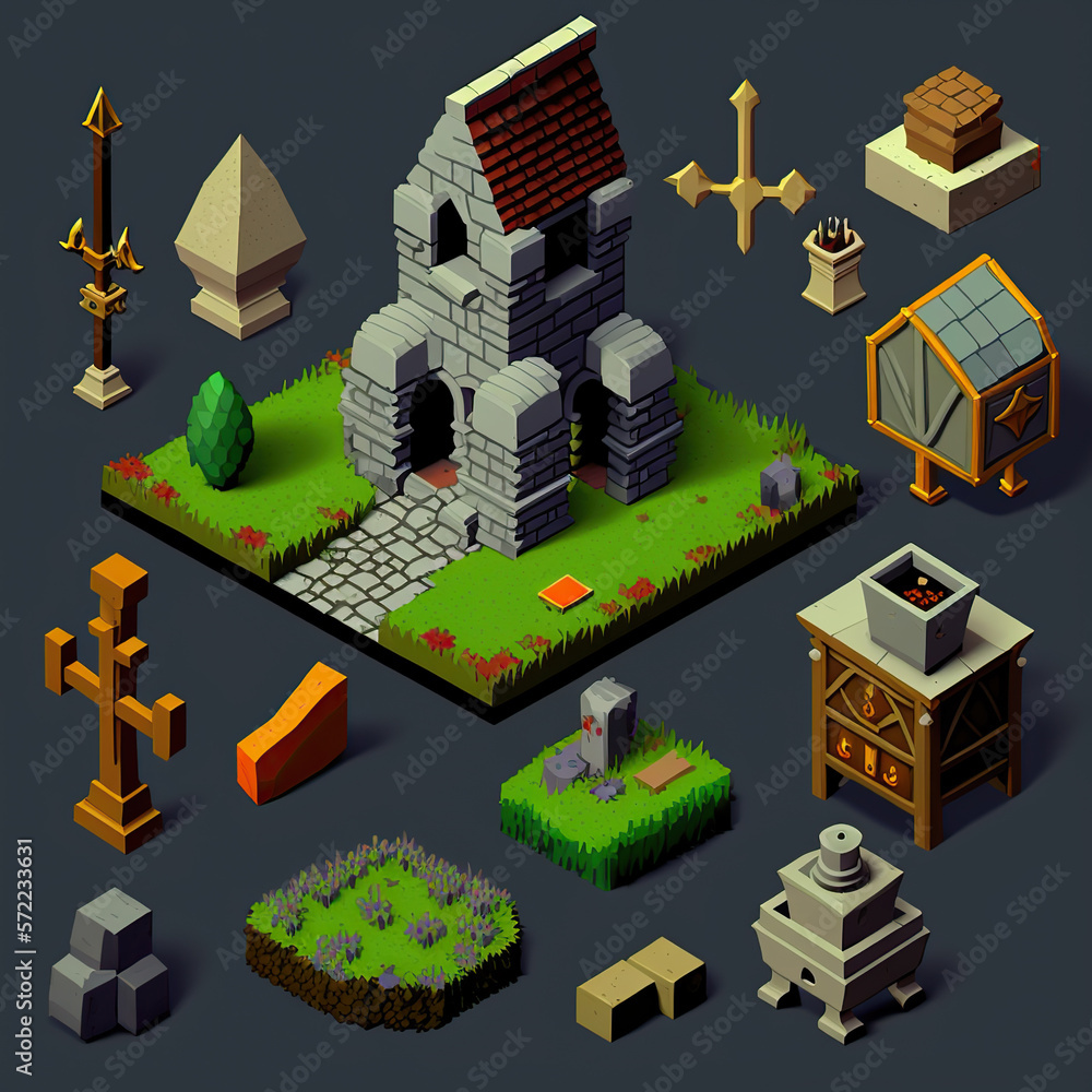 pixel art 8 bits, set, assets, orthographic view Stock Illustration ...