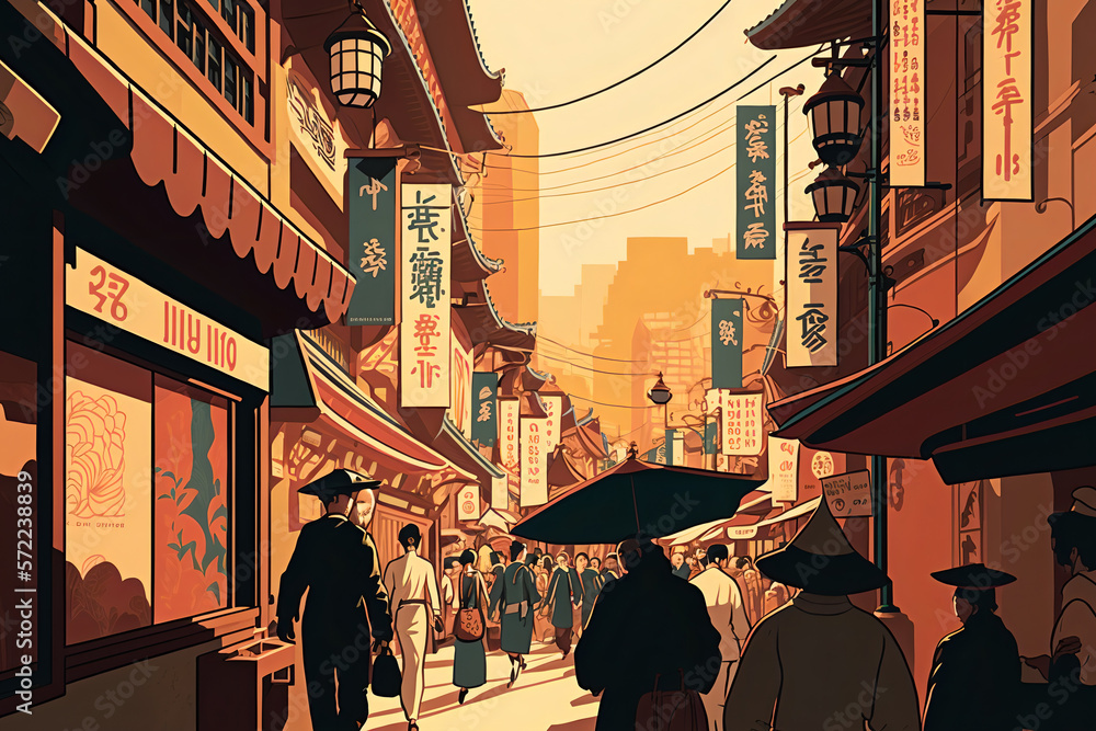 A colorful digital painting of a bustling street in Seoul, South Korea ...