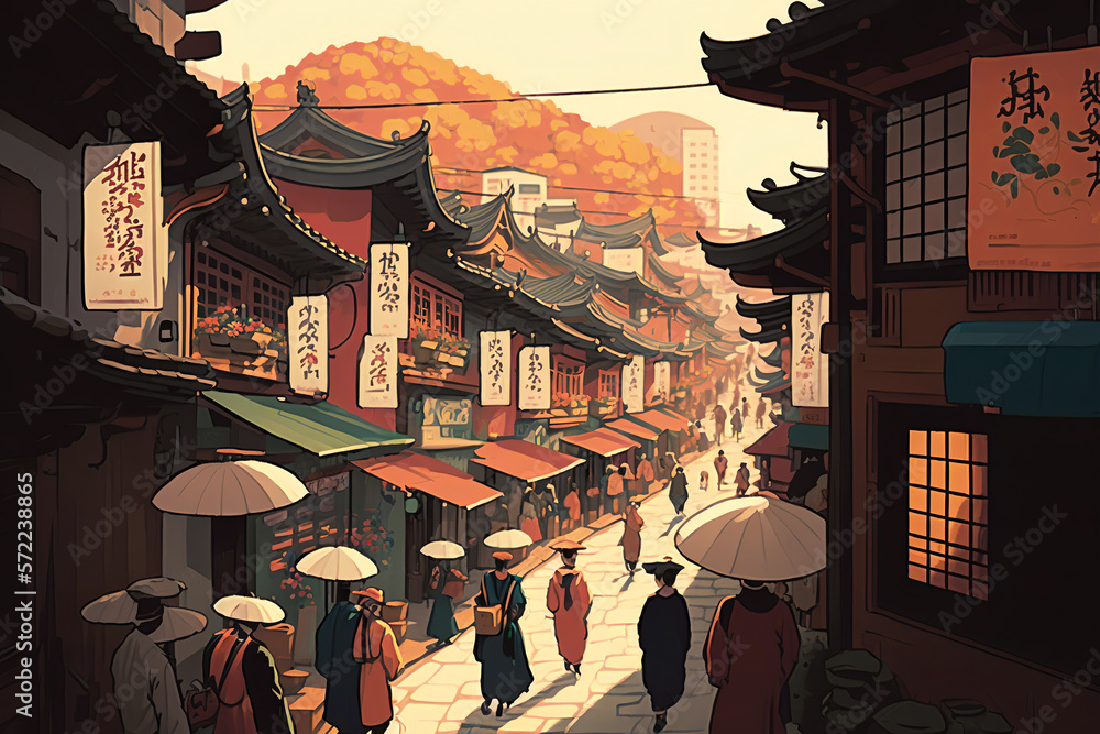 A colorful digital painting of a bustling street in Seoul, South Korea ...