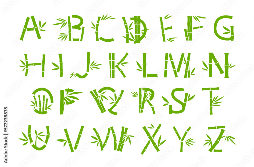 Bamboo font green stick abc English letters alphabet vector flat ...