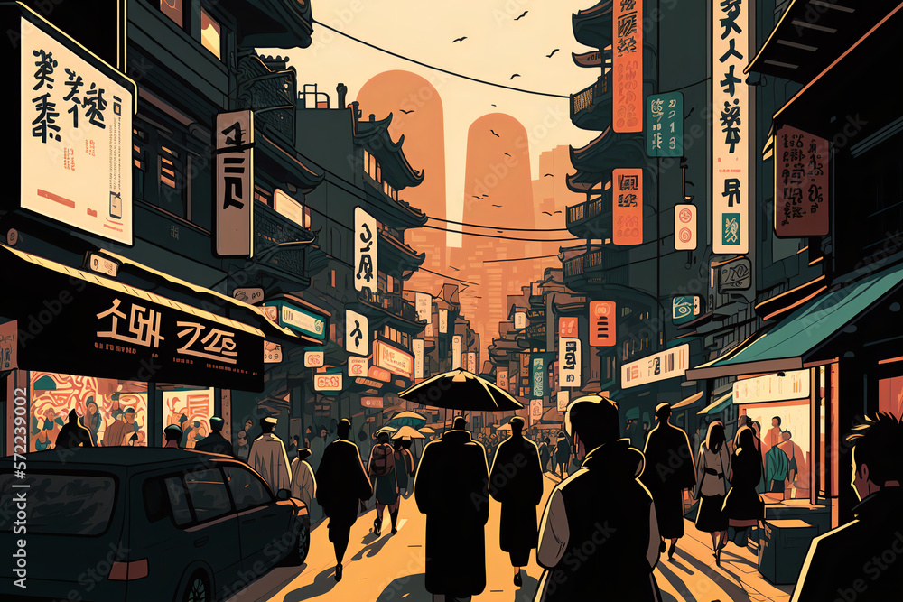A colorful digital painting of a bustling street in Seoul, South Korea ...