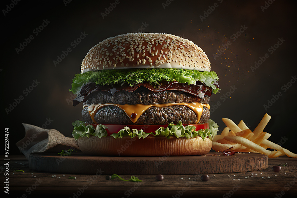 Beef Burger with Fries on Dark Background - Generative AI Stock ...
