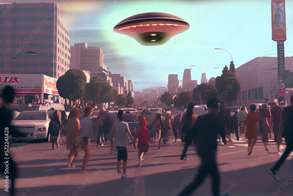 UFO flying over a city and people in panic running away. Alien invasion ...