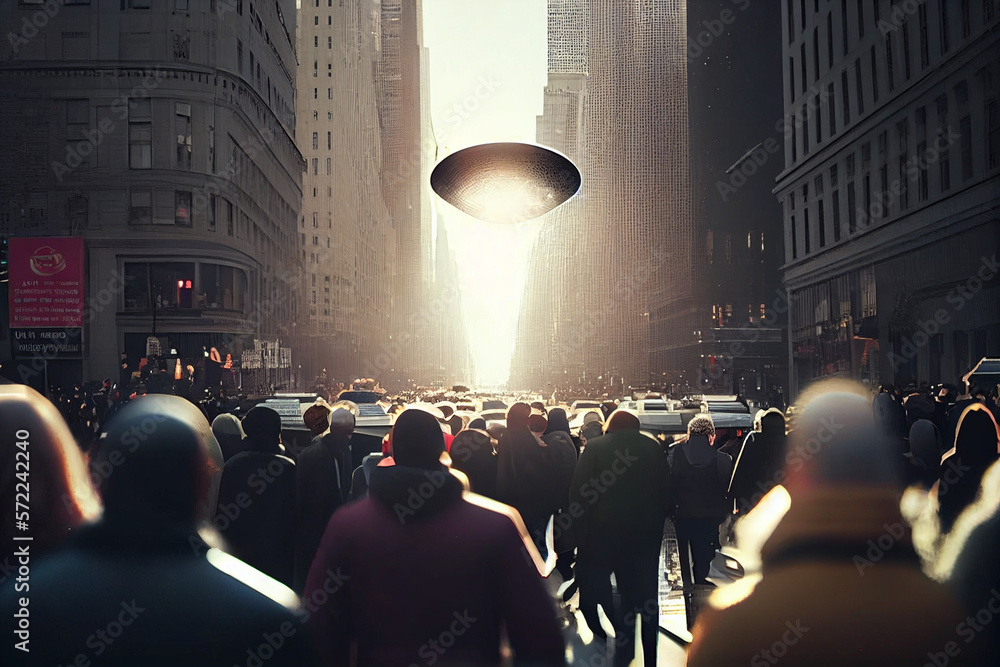 UFO flying over city and crowds of people in panic running away. Alien ...