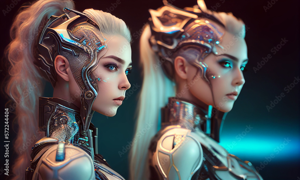 Two attractive sci-fi robotic girls and blurred spaceship on background ...