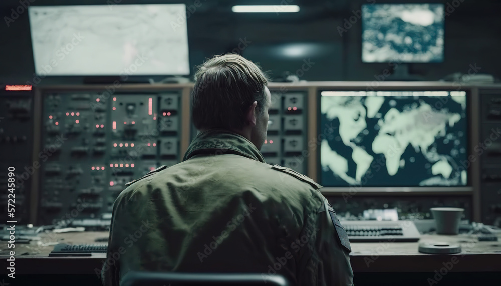 War Room, Soldier at control panel monitoring intelligence and ...