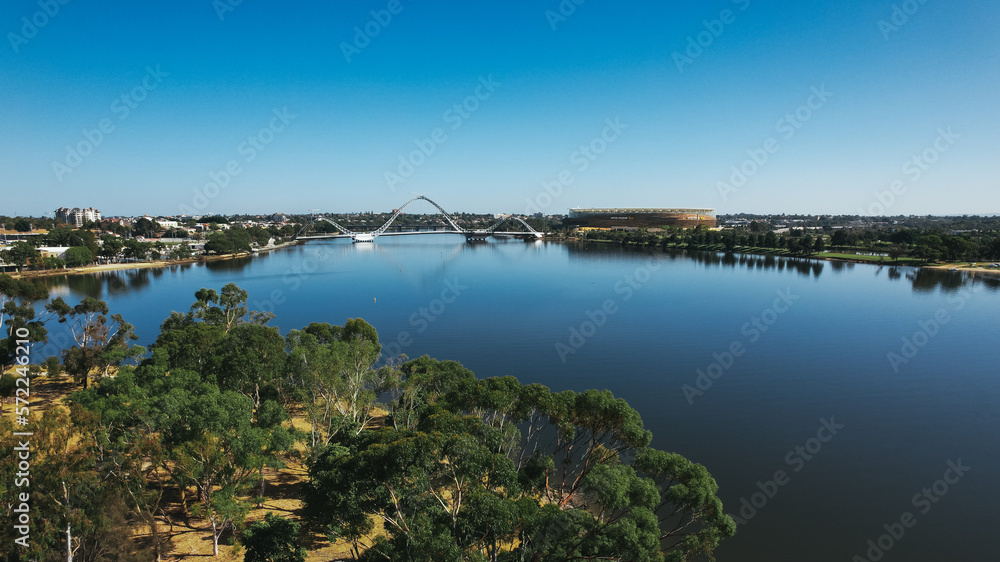 Aerial view of the Swan River with Matagarup Bridge in the distance in ...