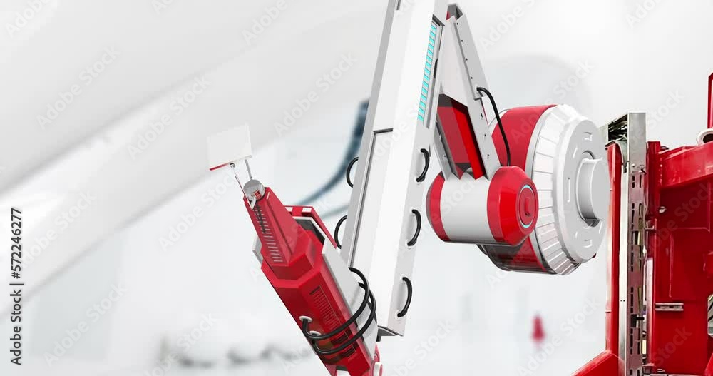 Modern robotic arm holding a super computer chip processor. Industrial ...