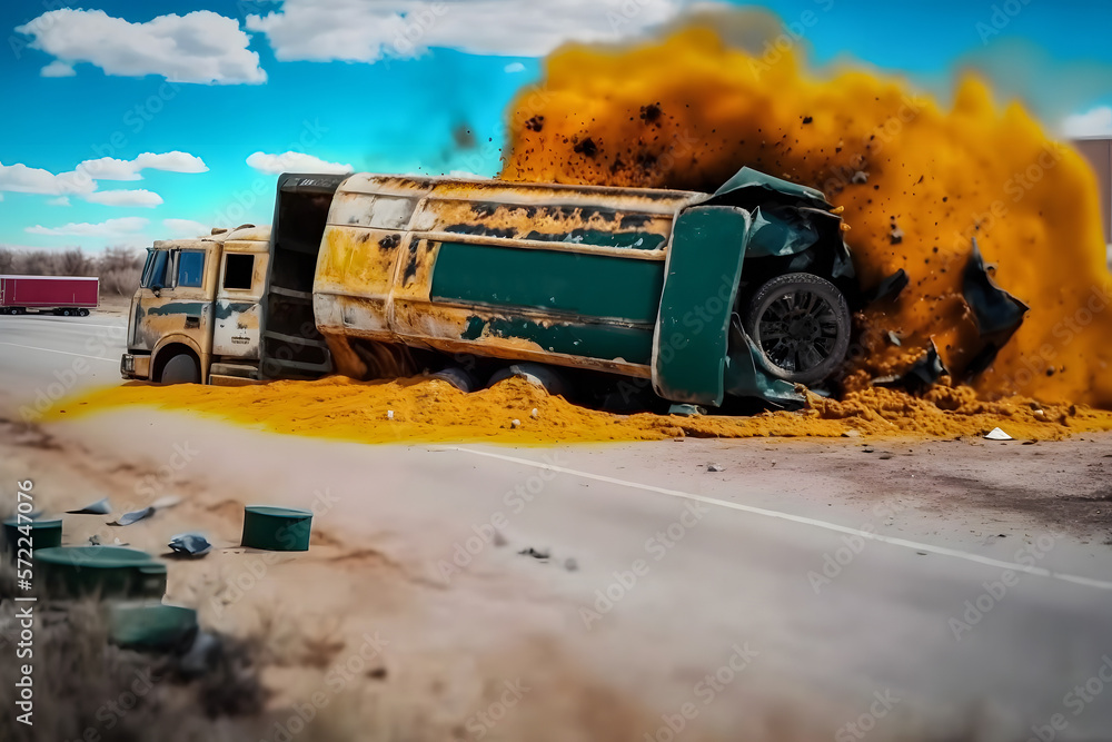 Tank trucks with nitric acid break and burn. Car freight with oil and ...