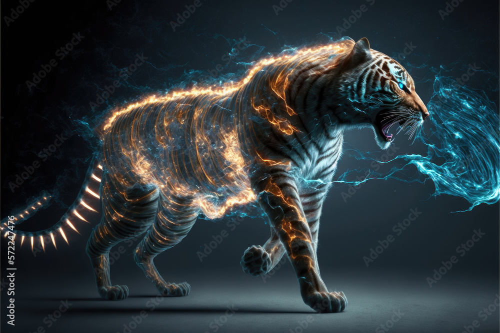 An epic tiger depicted in shades of blue and fire, showcasing its ...