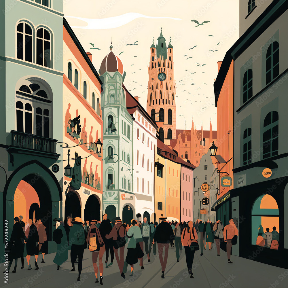 A lively street in Munich, Germany with a unique blend of traditional ...