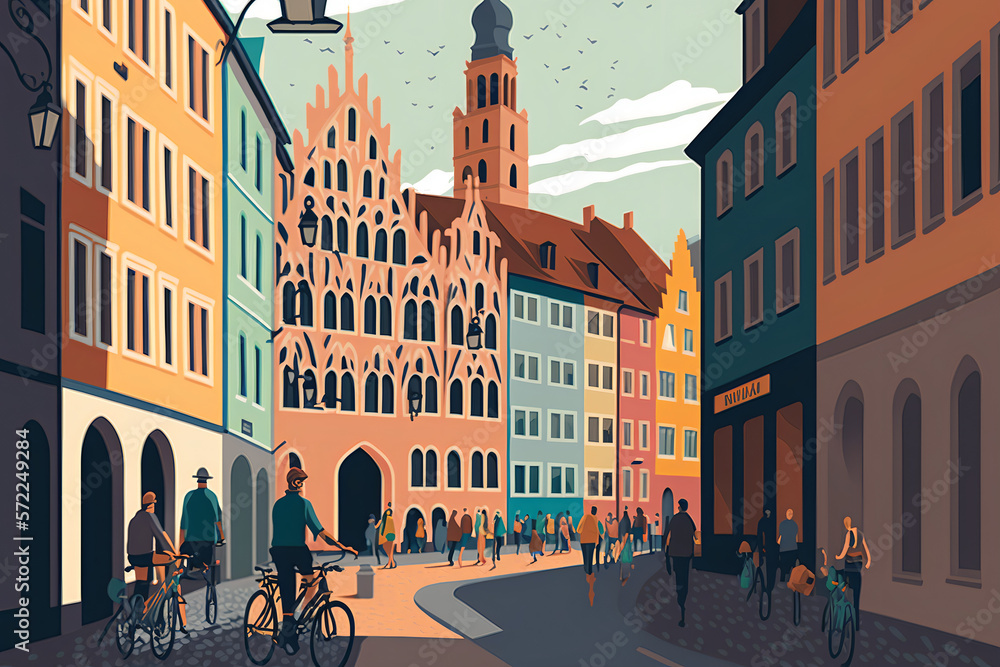 A lively street in Munich, Germany with a unique blend of traditional ...