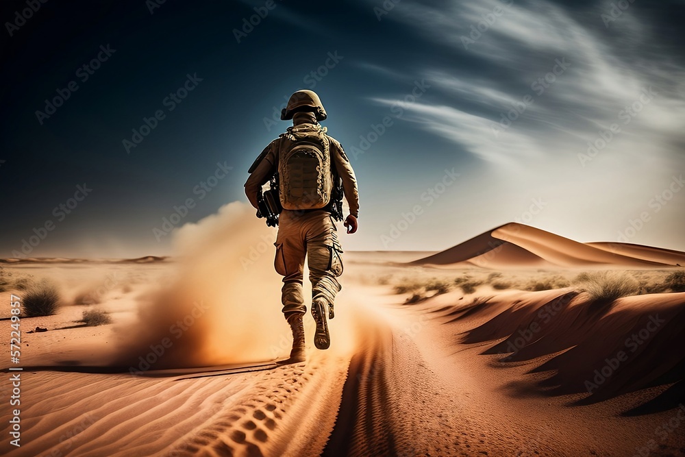 realistic photography, A soldier running away from an explosion in the ...