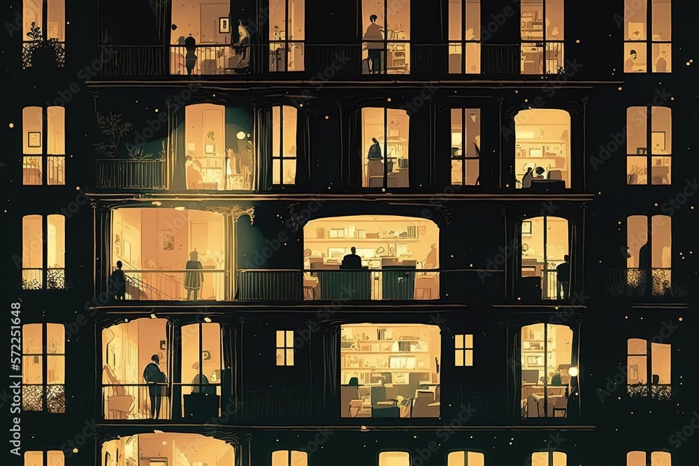 every floor of a Parisian apartment building at night with uniform ...