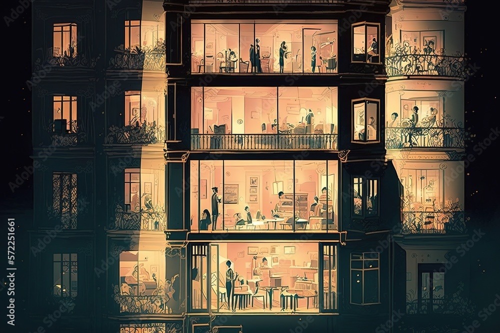 every floor of a Parisian apartment building at night with uniform ...