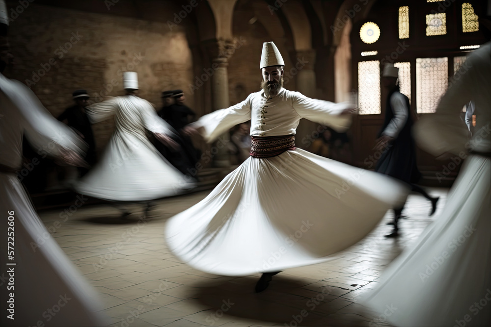 Generative AI Illustration of a group of Turkish dervishes in white ...