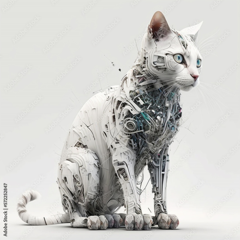 White Robot cat. Cyborg cat. Robotic iron pet, artificial intelligence ...