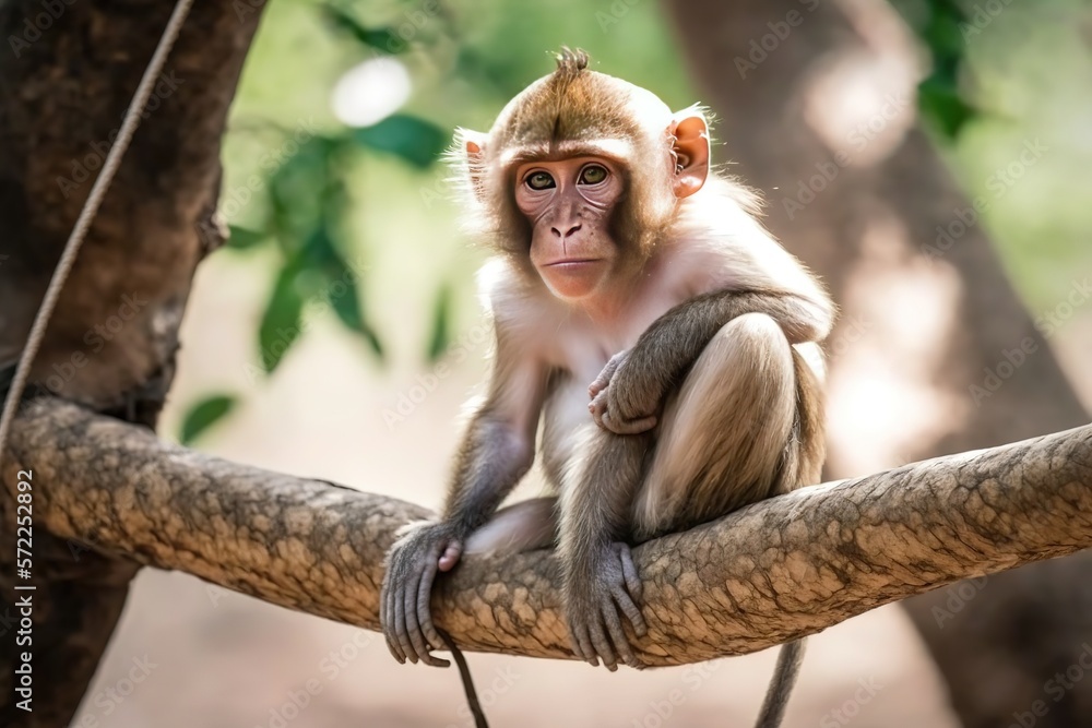 Portrait one monkey or Macaca is dangling, looking like Tarzan on a ...
