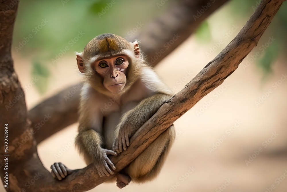 Portrait one monkey or Macaca is dangling, looking like Tarzan on a ...