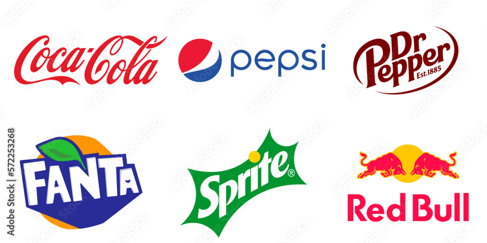 Carbonated soft drink logo set. Coca Cola, Pepsi, Dr Pepper, Red Bull ...