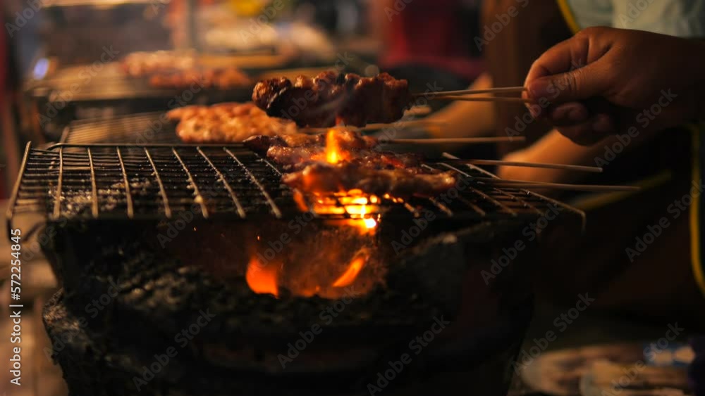 Local Asian Street Food. Chef Cooking Chicken Satay on Fire Bbq Grill ...