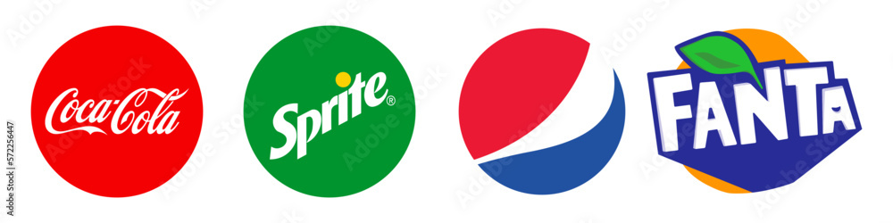 Carbonated soft drink logo set. Coca Cola, Pepsi, Fanta, Sprite drinks ...