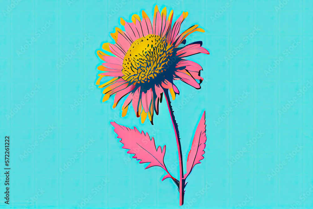 Minimalistic pop art duotone illustration of a isolated blooming pink ...
