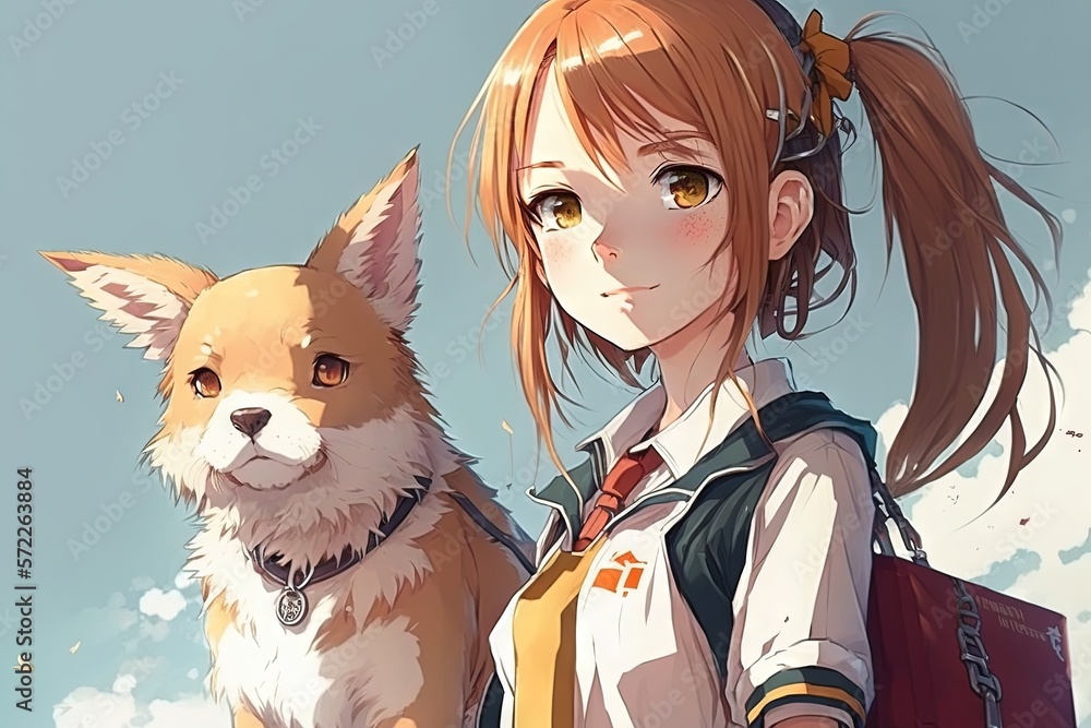 Pretty anime school girl with a dog looking at you illustration ...