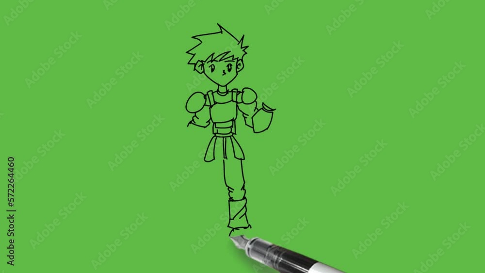 Draw little cartoon character boy with scattered hair standing hold ...