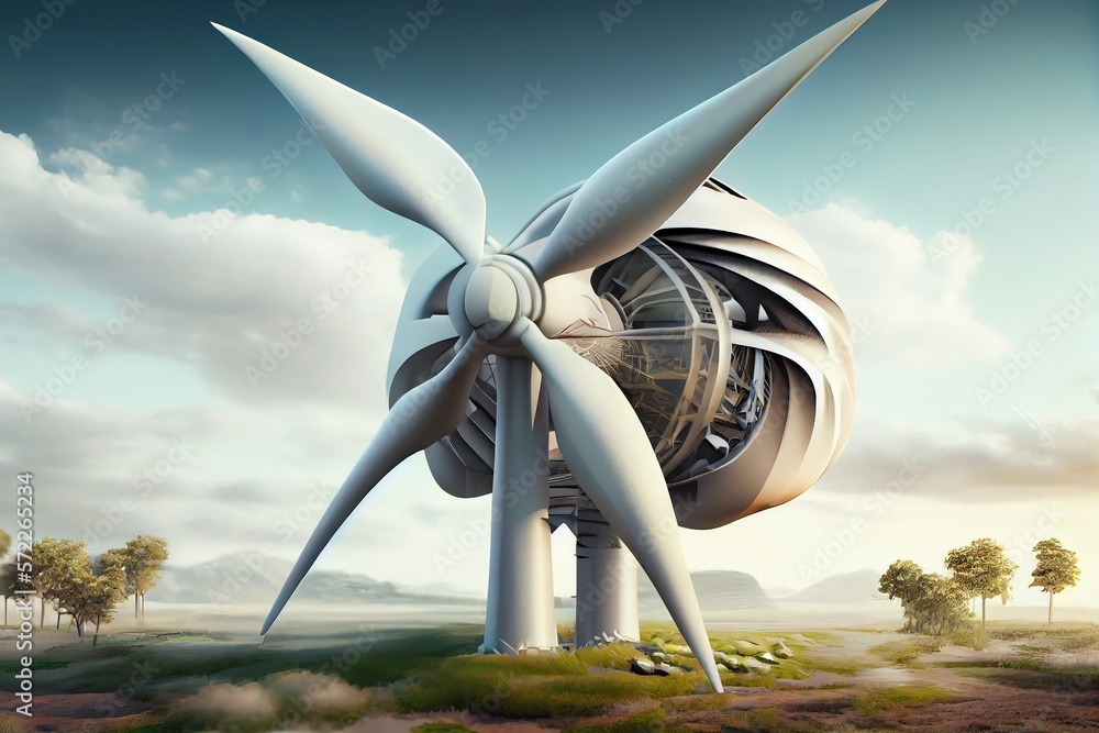 3D Wind turbine eco technology concept, renewable green energy generate ...