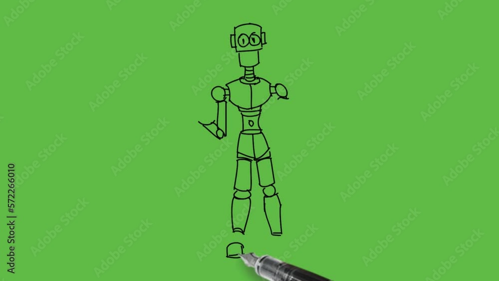 Draw young cartoon character robot man standing hold right index finger ...