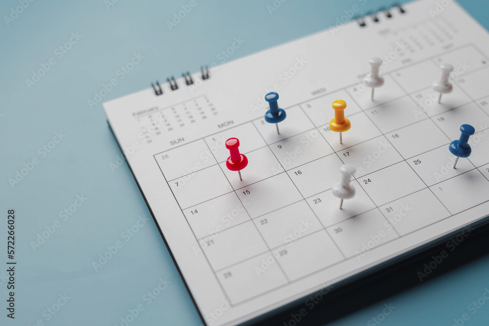 Embroidered red pins on a calendar event Planner calendar,clock to set ...