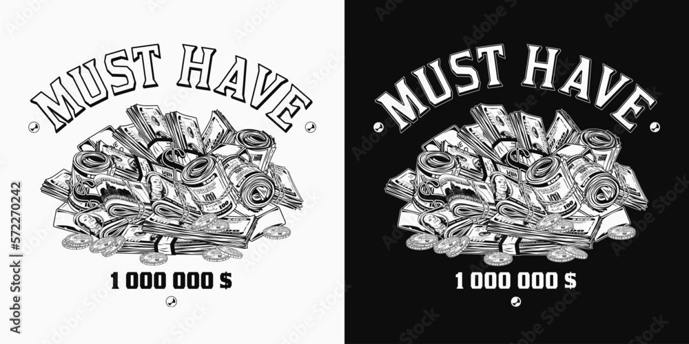 Vetor de Label with pile, heap of cash money, gold ingots, coins, text ...