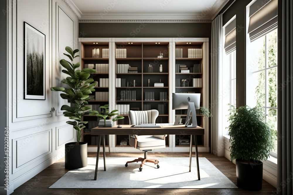 a modern yet classically designed study room, with light-colored walls ...