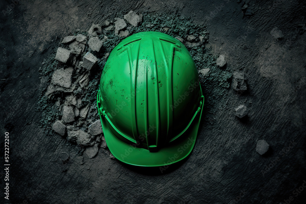 A green construction working safety hardhat or helmet from top view is ...