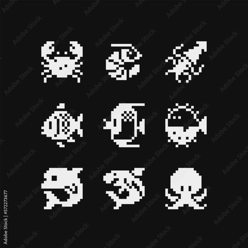 Sea animals pixel art icons set, mosaic design, shrimp, squid, dolphin ...