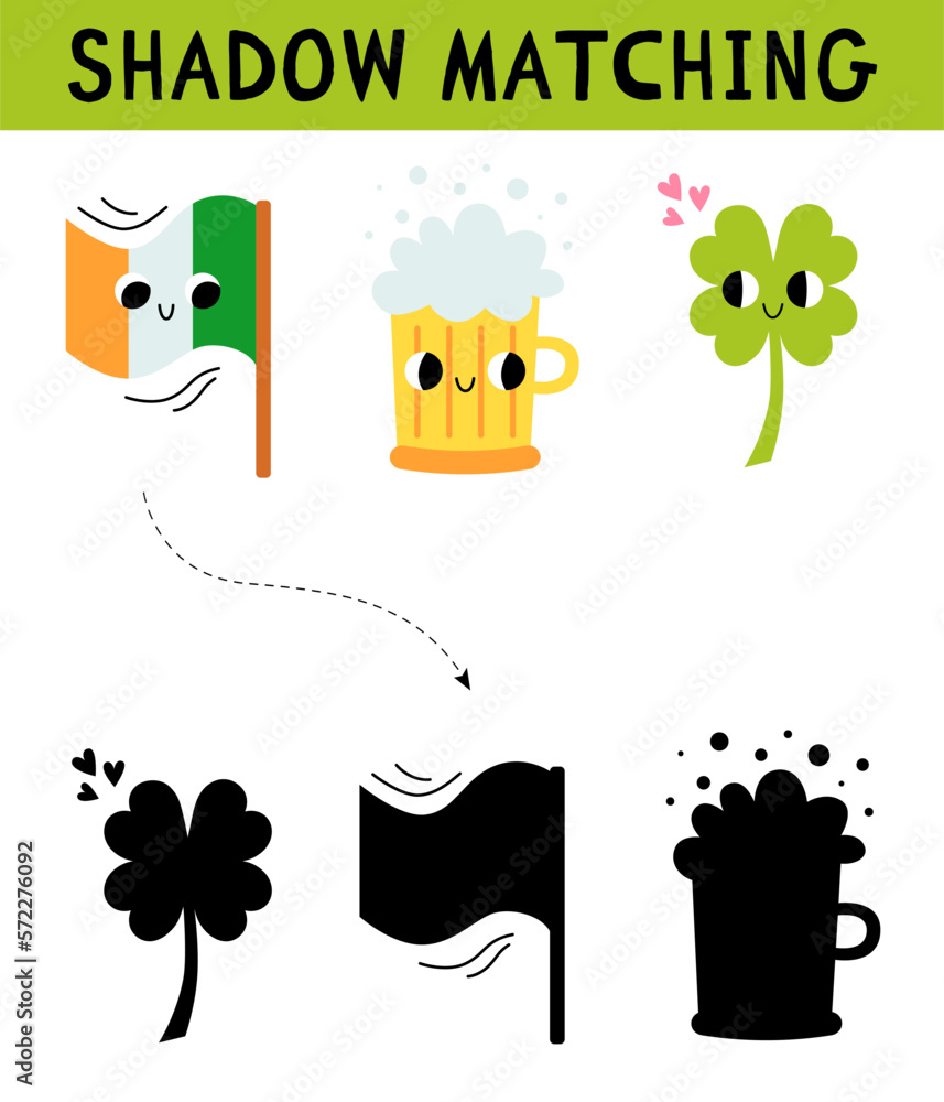 Vetor de Cute St. Patrick's Day elements shadow matching activity for ...