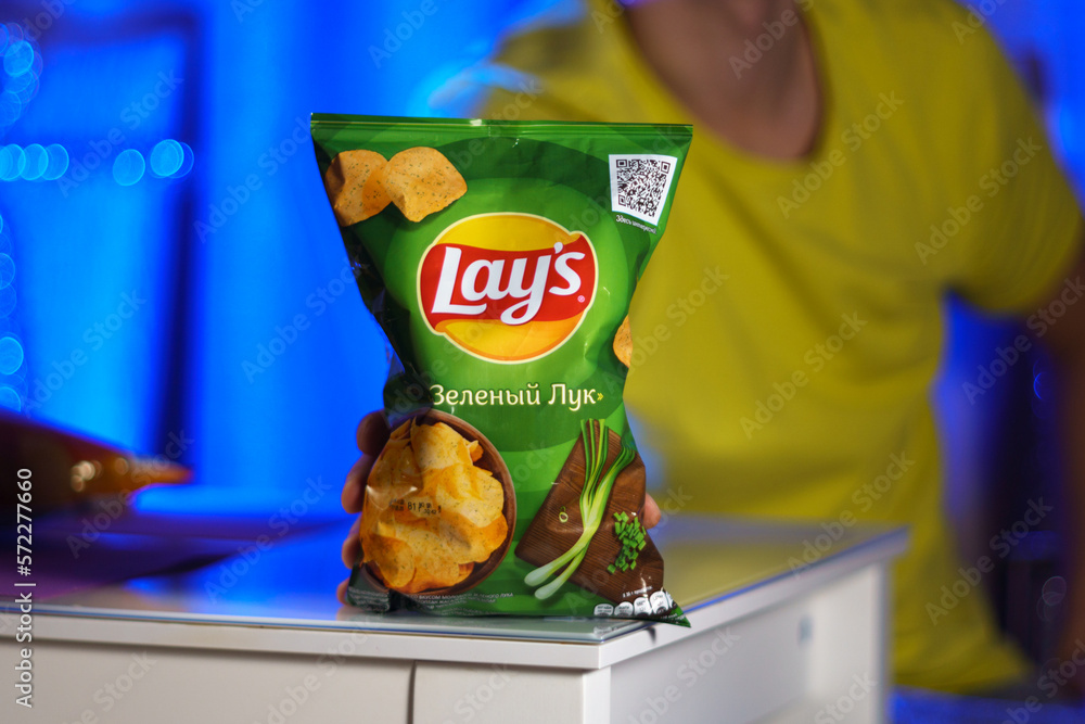 Tyumen, Russia-January 06, 2023: Lays a popular brand of potato chips ...