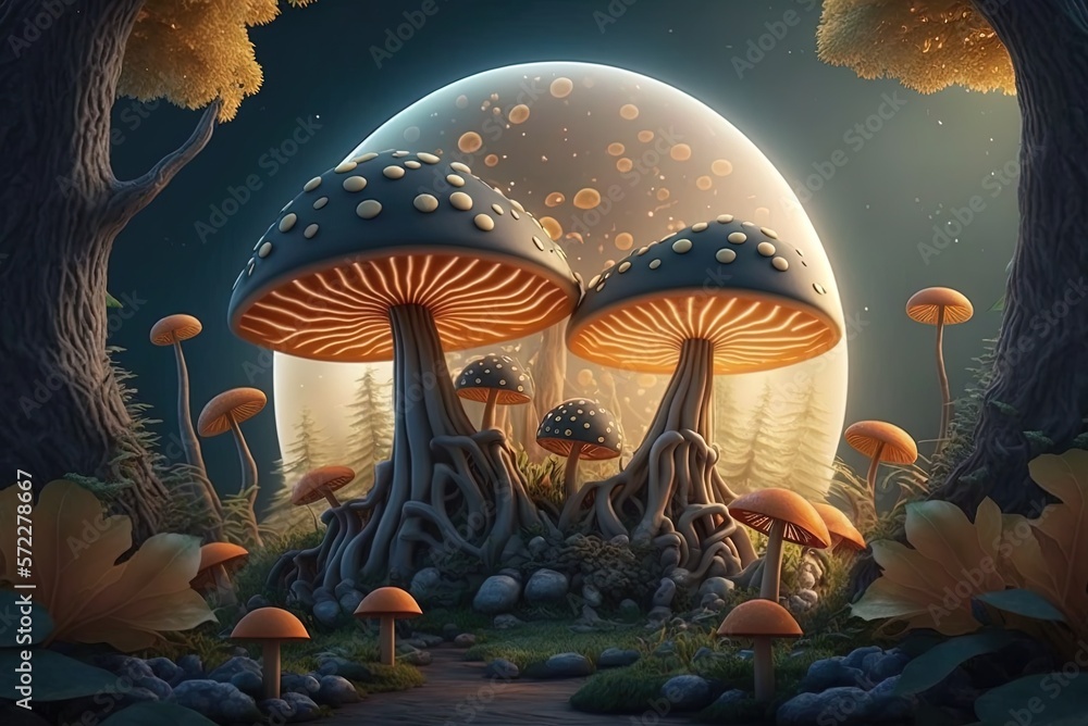 large, fantastical mushrooms in a mystical woodland; a book cover ...