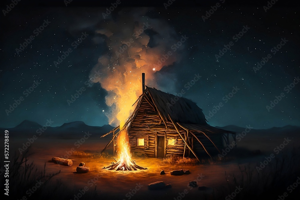 starry sky, hut, plain, bonfire, generative AI, camping, wilderness ...