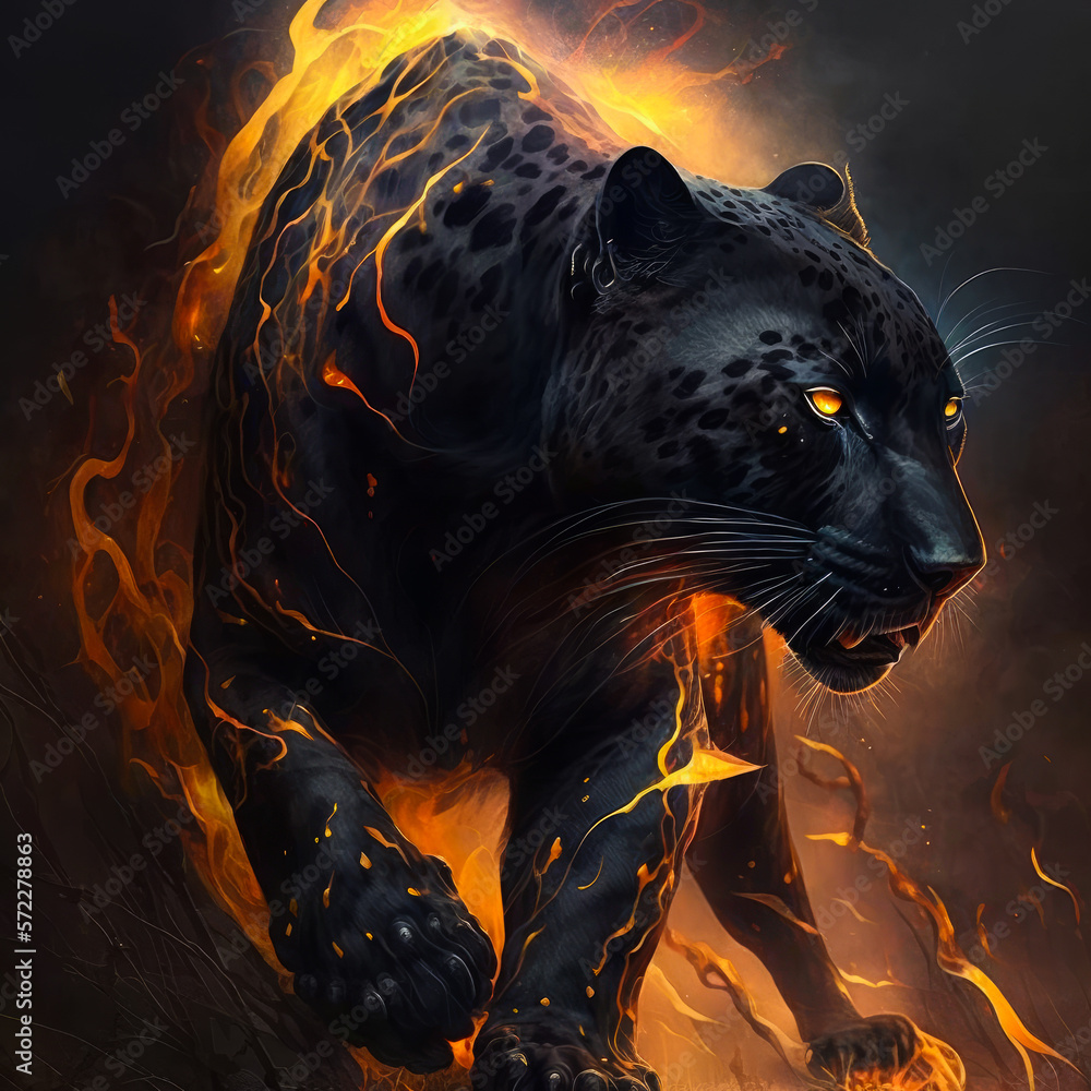 Painting of black panther on fire. Generative AI. Stock Illustration ...